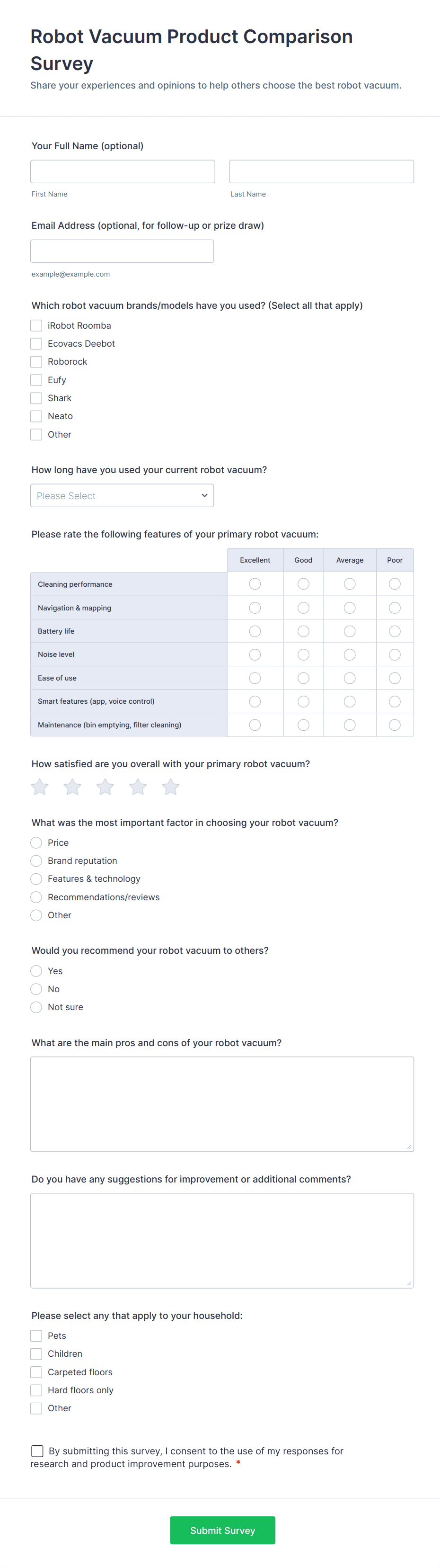 Robot Vacuum Product Comparison Survey Form Template | Jotform