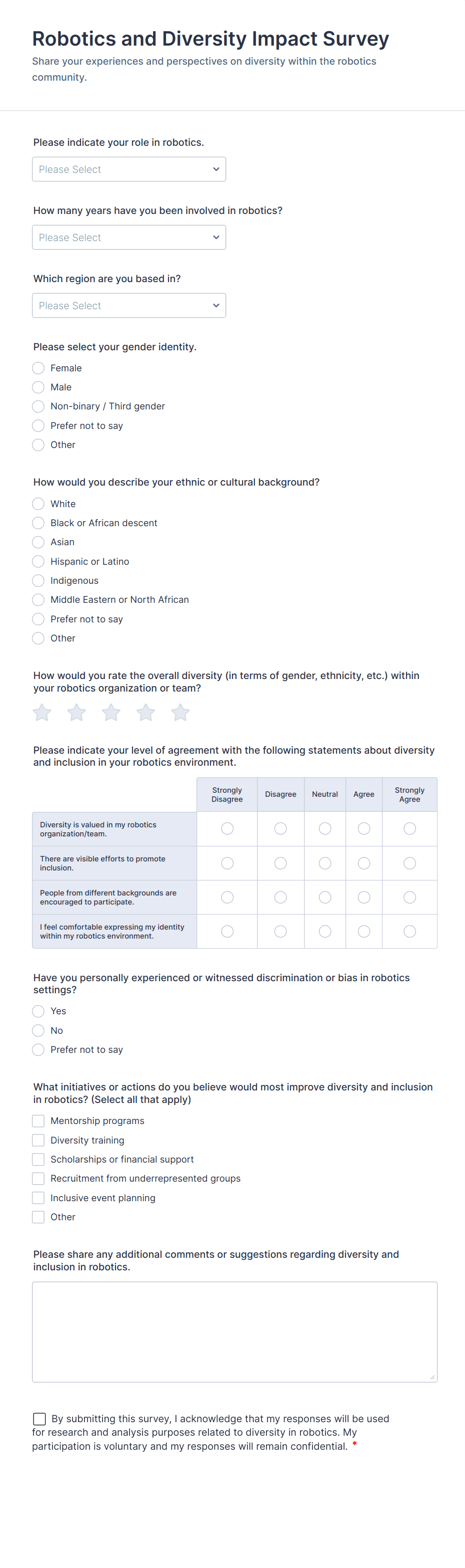 Robotics and Diversity Impact Survey Form Template | Jotform