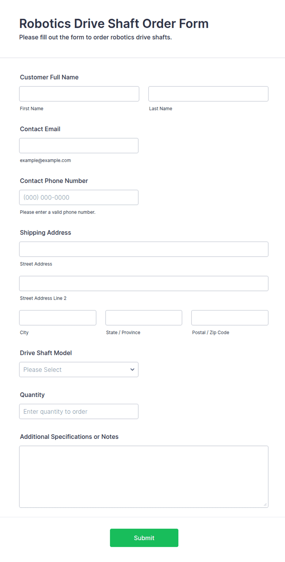 Robotics Drive Shaft Order Form Template | Jotform