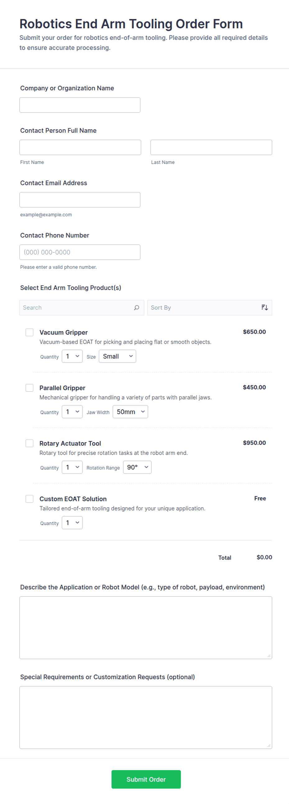 Robotics End Arm Tooling Order Form Template | Jotform
