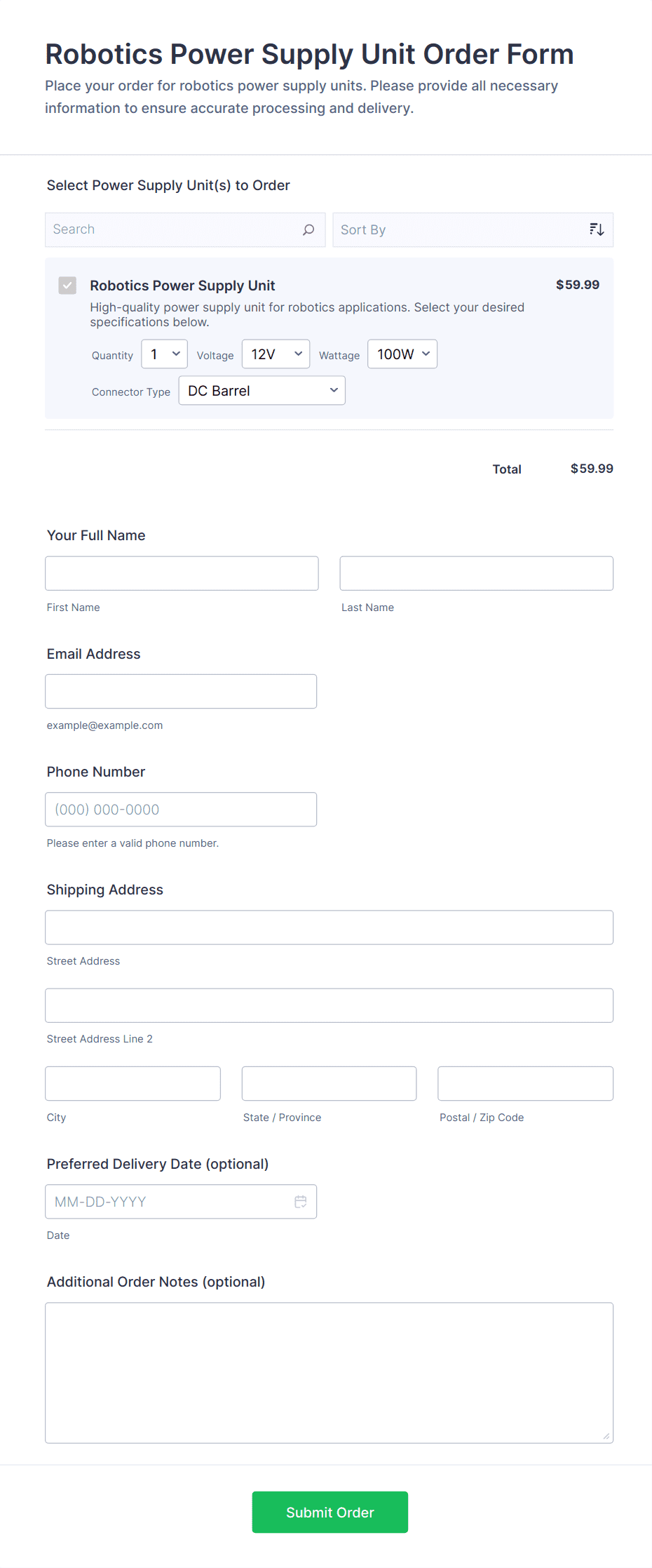 Robotics Power Supply Unit Order Form Template | Jotform