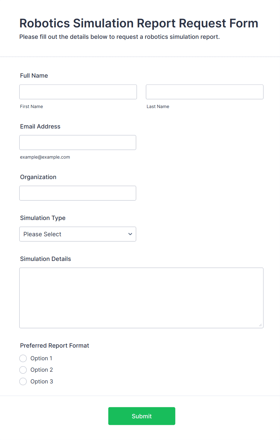 Robotics Simulation Report Request Form Template | Jotform