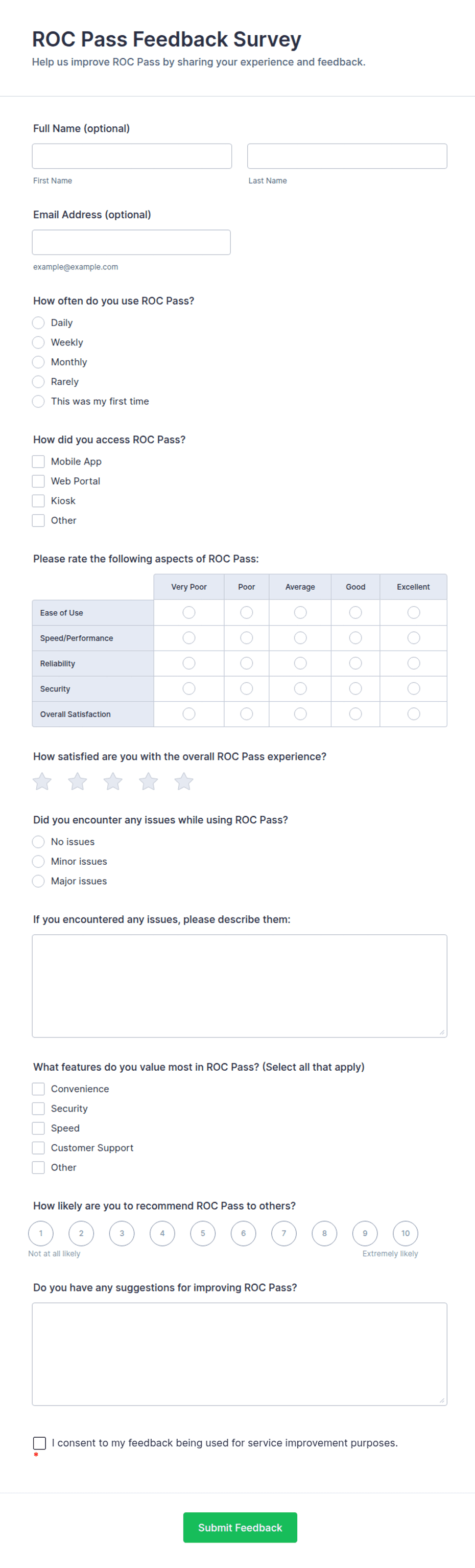 ROC Pass Feedback Survey Form Template | Jotform
