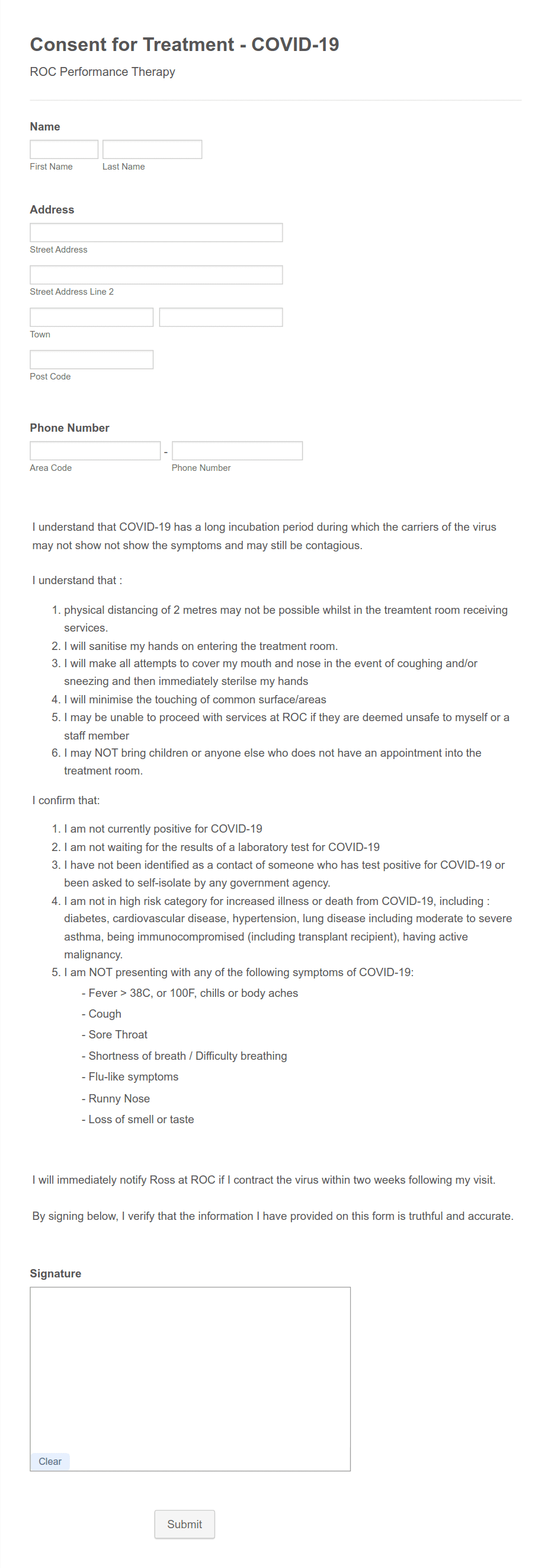 ROC Performance Therapy Client Consent Form Template | Jotform