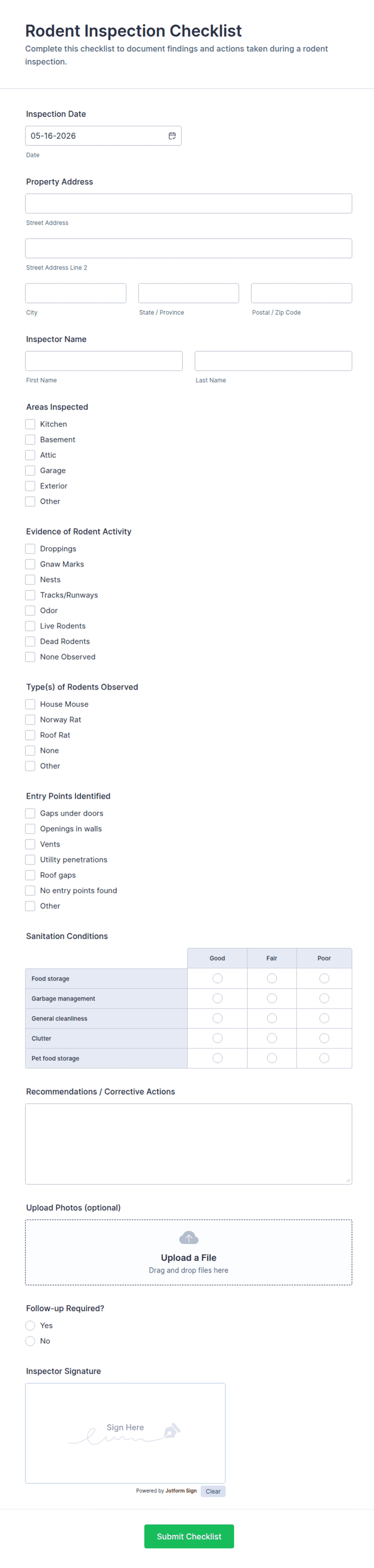 Rodent Inspection Checklist Form Template | Jotform