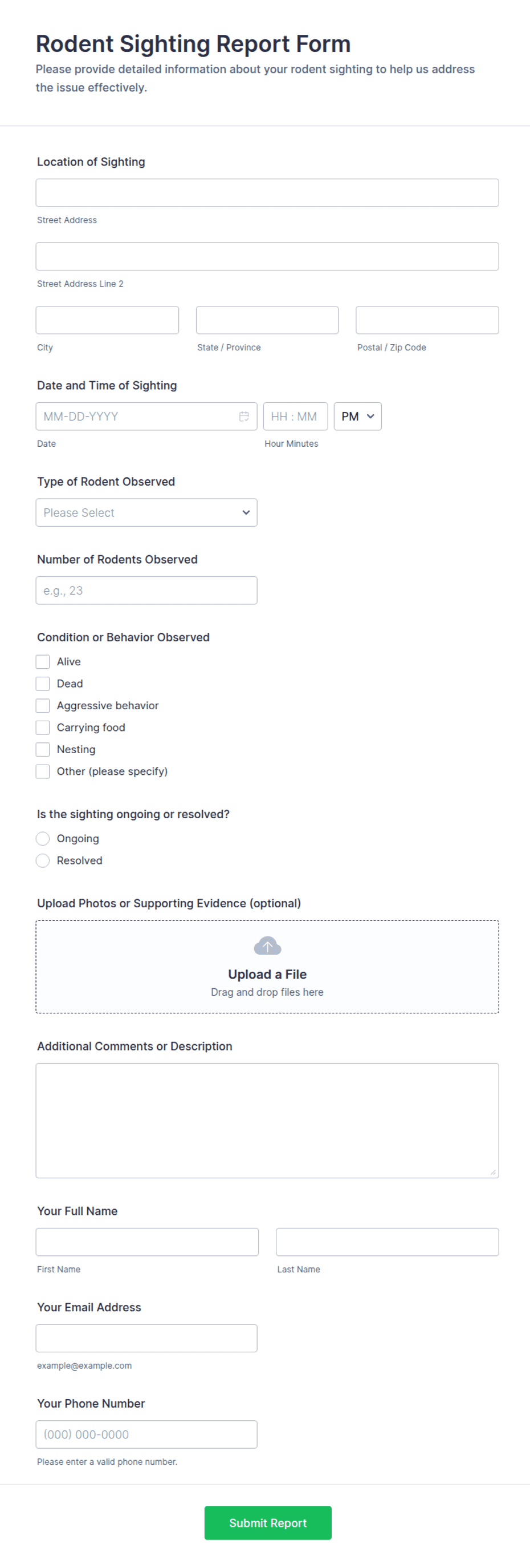 Rodent Sighting Report Form Template | Jotform