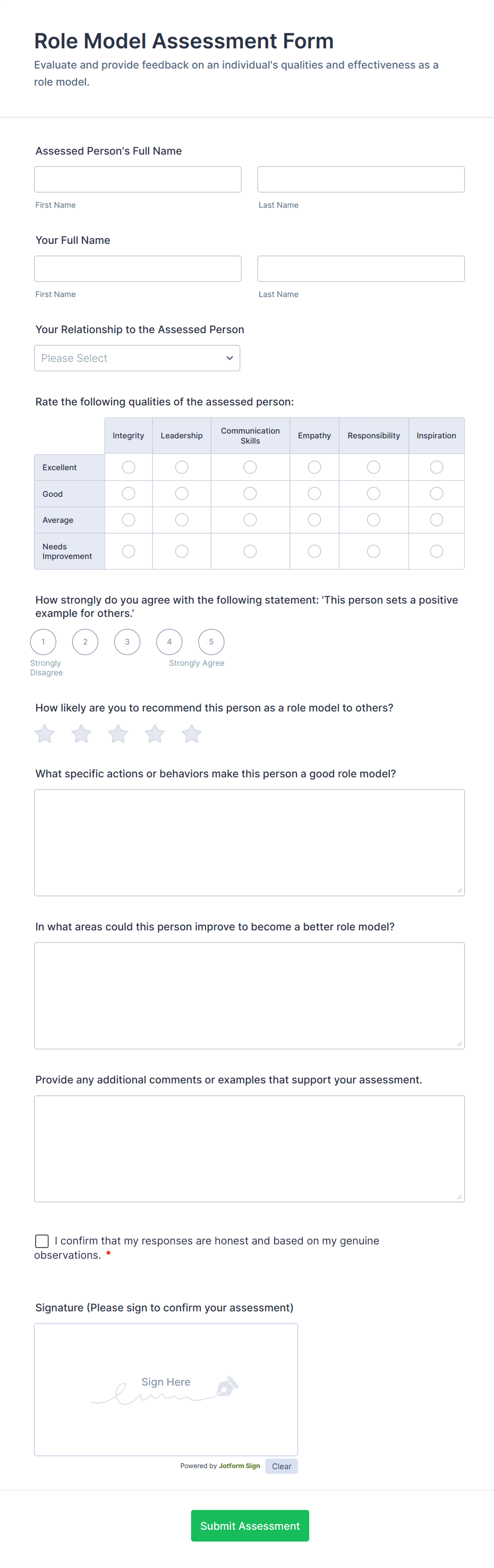 Role Model Assessment Form Template | Jotform