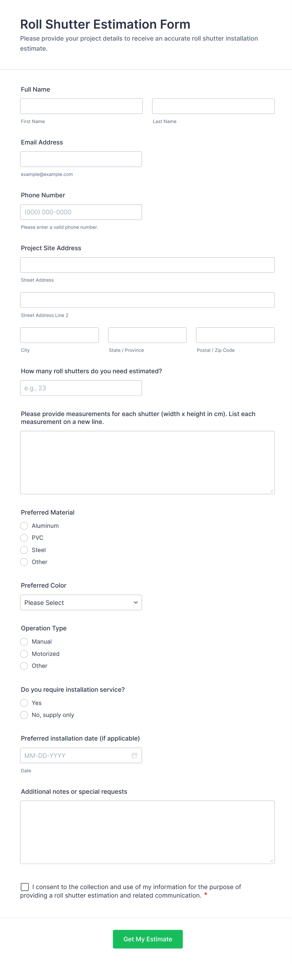 Roll Shutter Estimation Form Template | Jotform