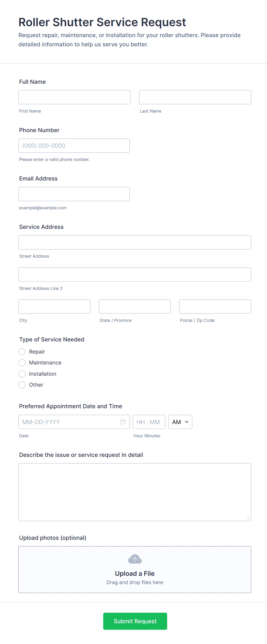Roller Shutter Service Request Form Template | Jotform