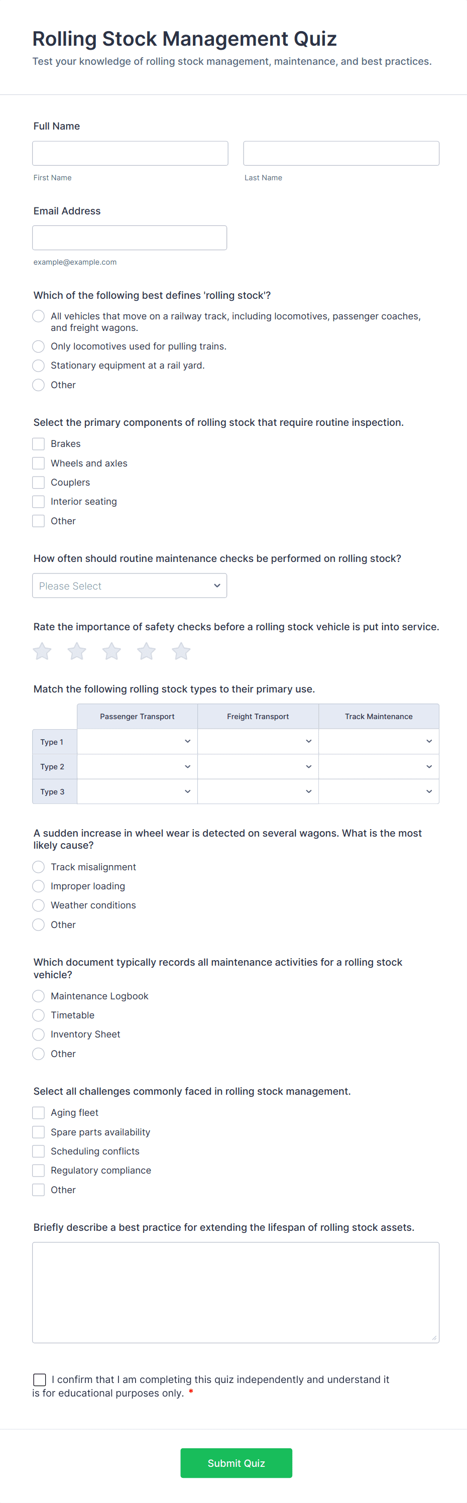 Rolling Stock Management Quiz Form Template | Jotform