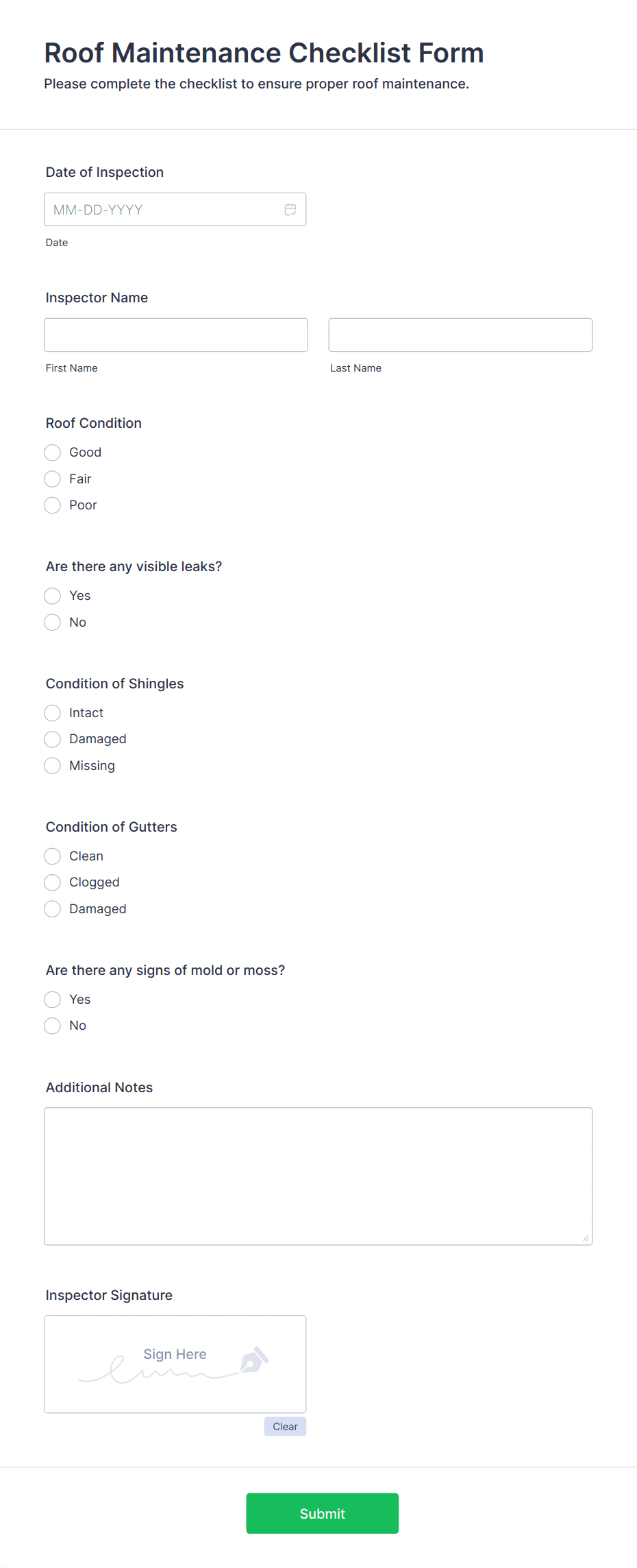 Roof Maintenance Checklist Form Template | Jotform