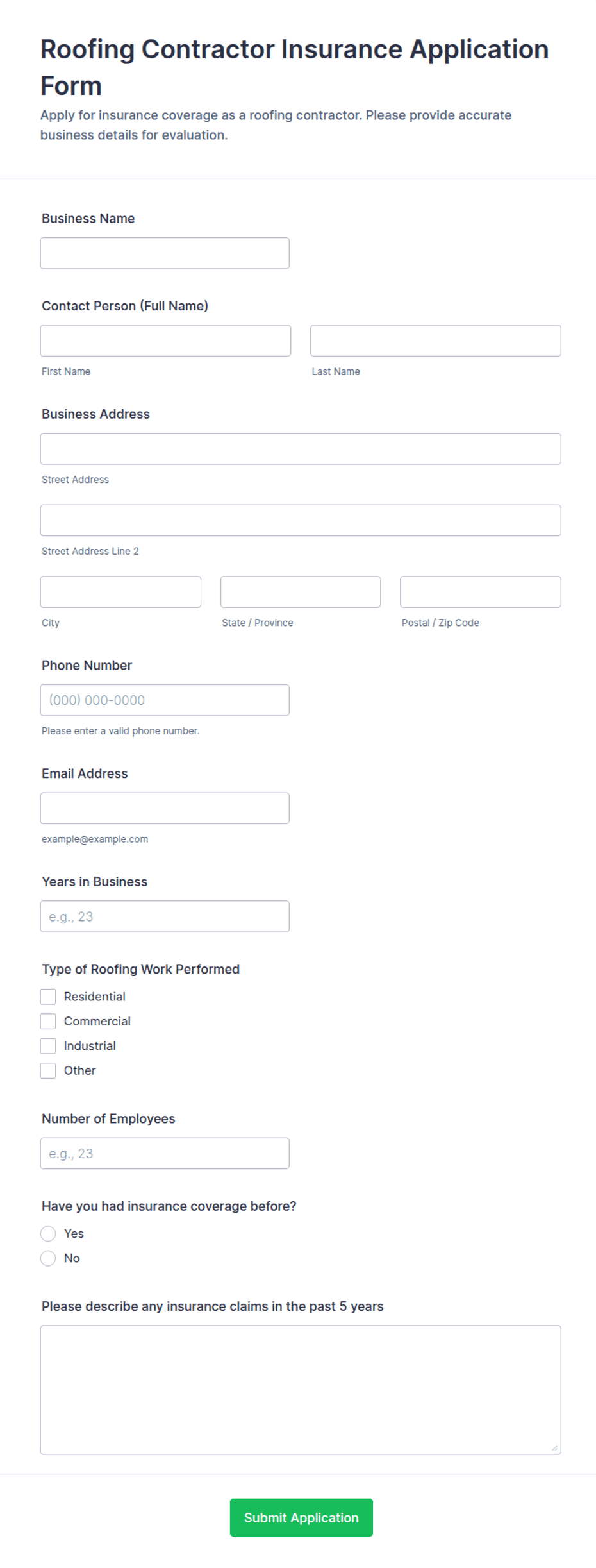 Roofing Contractor Insurance Application Form Template | Jotform