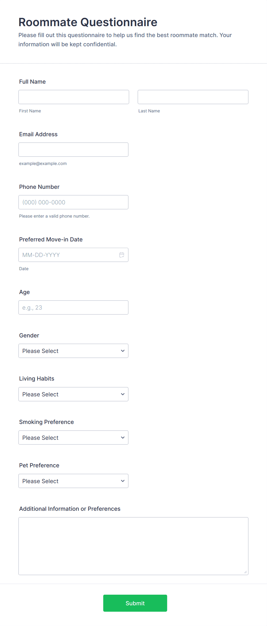 Roommate Questionnaire Form Template | Jotform
