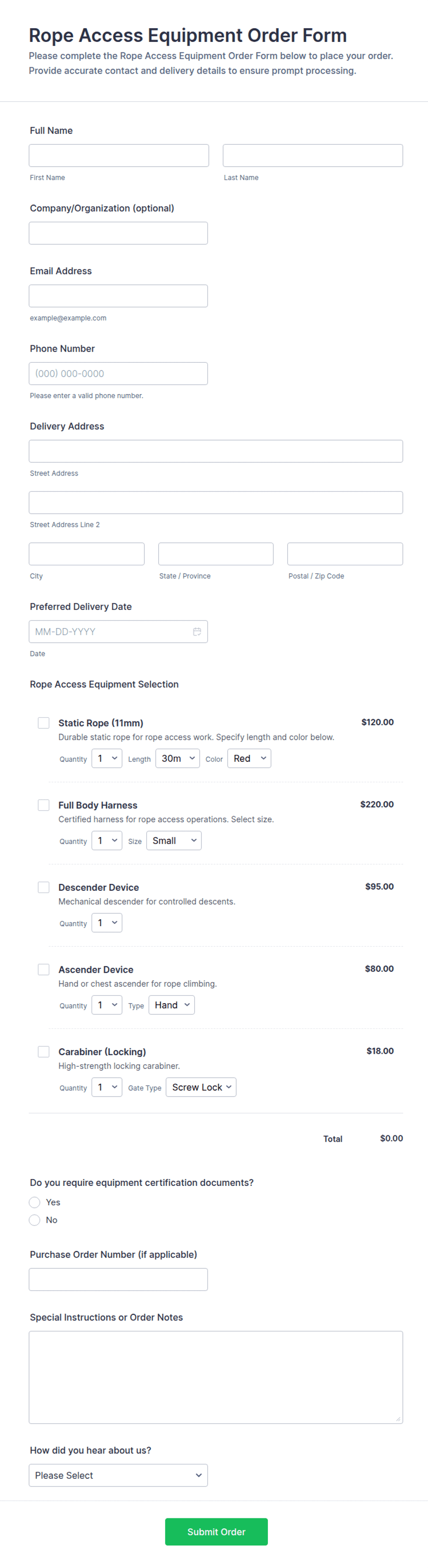 Rope Access Equipment Order Form Template | Jotform