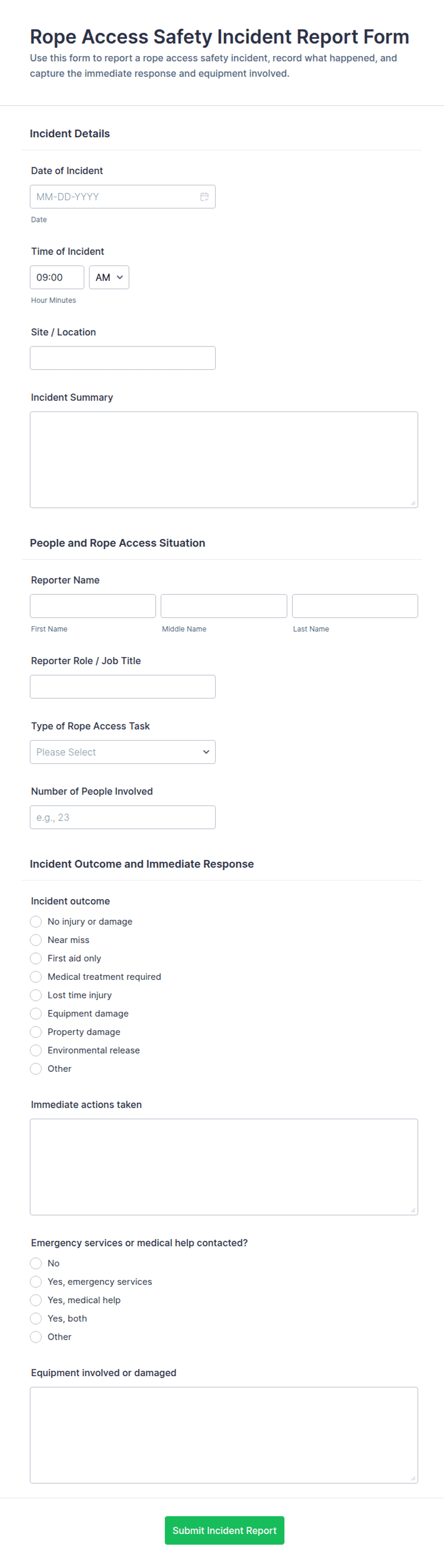 Rope Access Safety Incident Report Form Template | Jotform