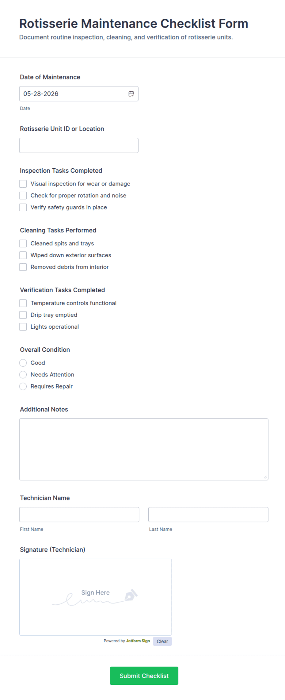Rotisserie Maintenance Checklist Form Template | Jotform