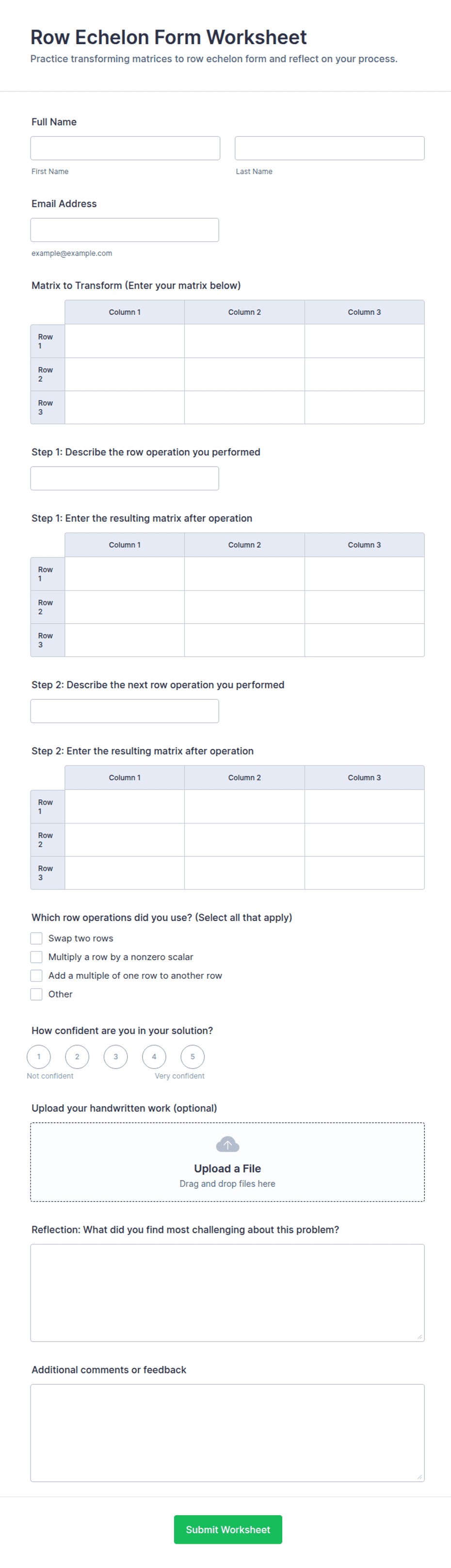 Row Echelon Form Worksheet | Jotform