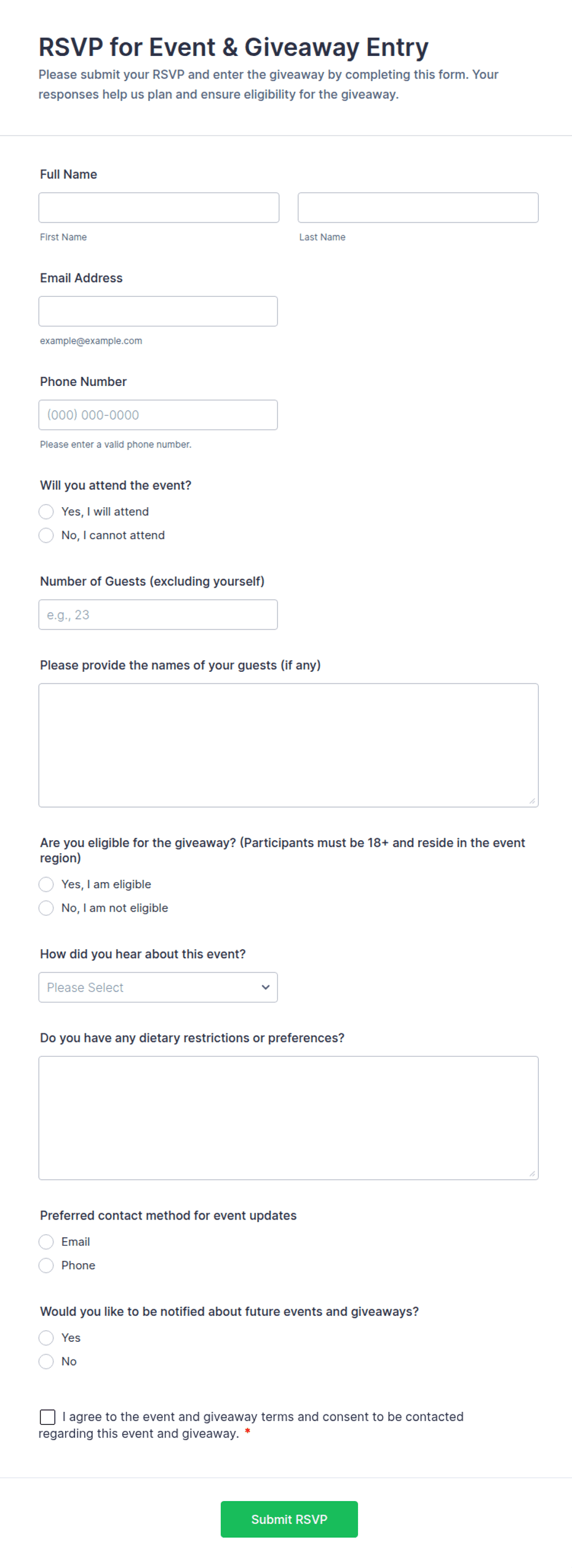 RSVP for Event & Giveaway Entry Form Template | Jotform