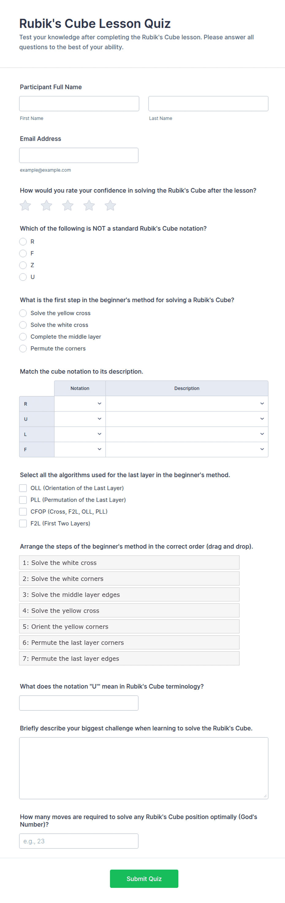 Rubik's Cube Lesson Quiz Form Template | Jotform