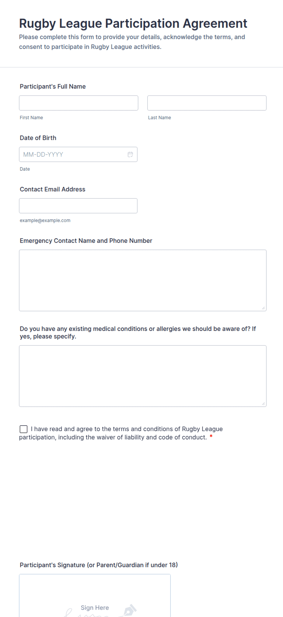 Rugby League Participation Agreement Form Template | Jotform