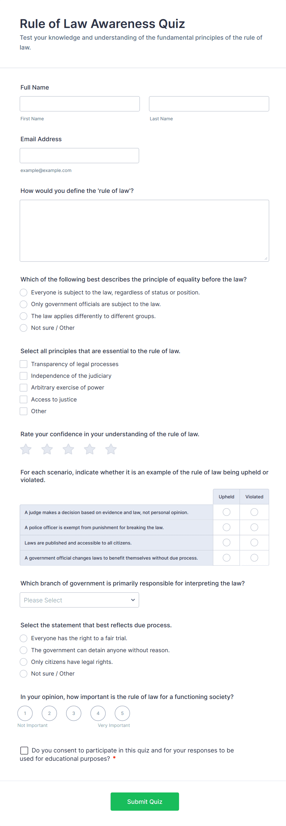 Rule of Law Awareness Quiz Form Template | Jotform