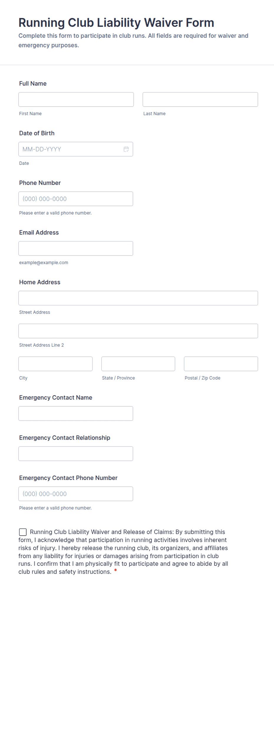 Running Club Liability Waiver Form Template | Jotform