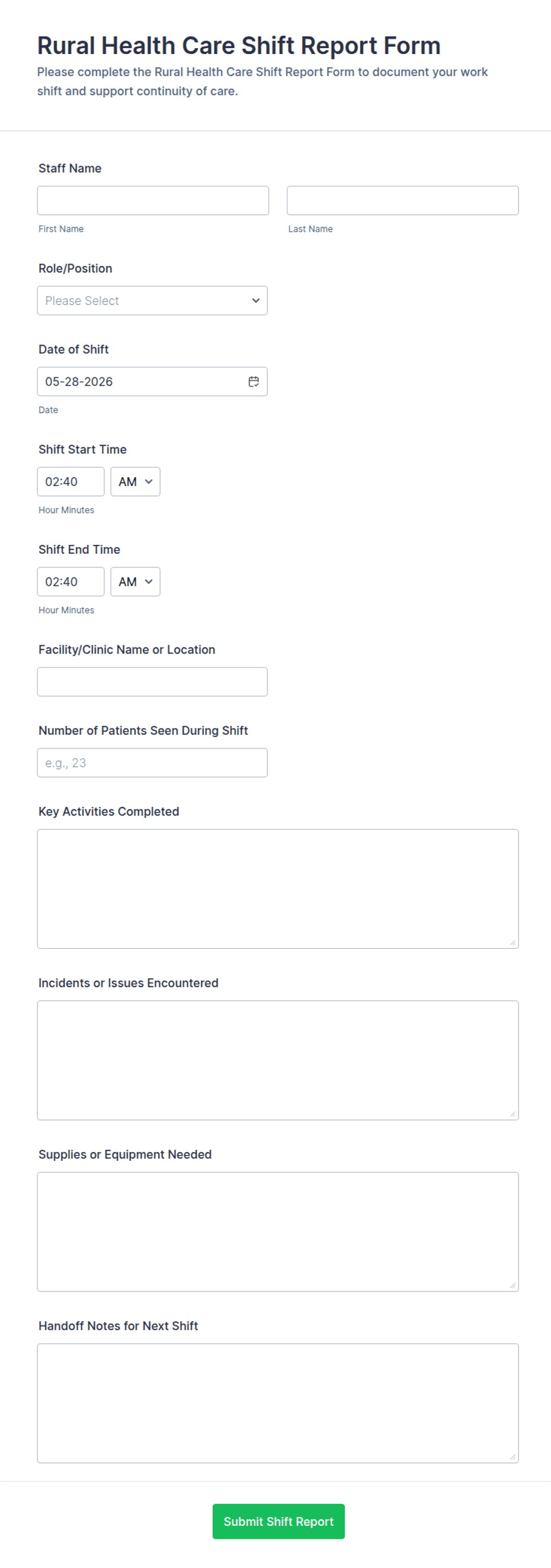 Rural Health Care Shift Report Form Template | Jotform