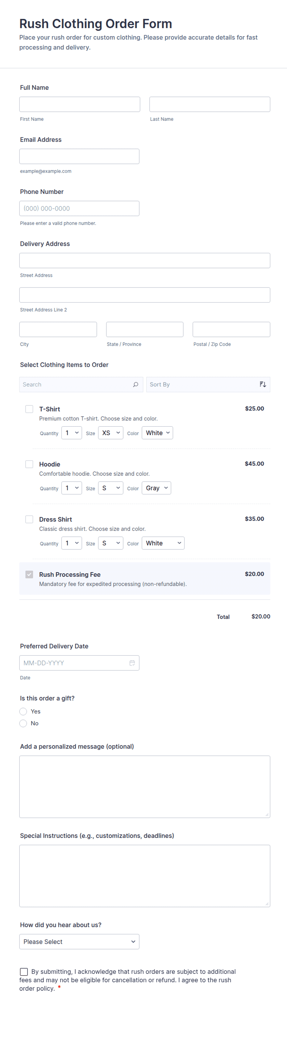 Rush Clothing Order Form Template | Jotform