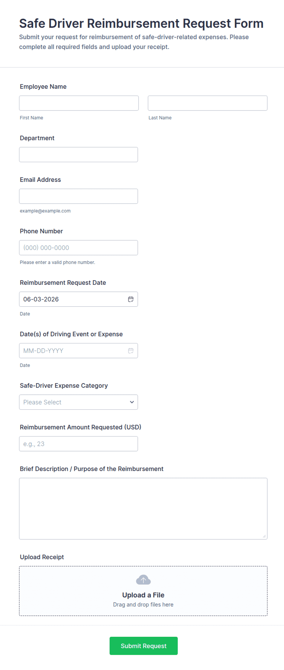 Safe Driver Reimbursement Request Form Template | Jotform