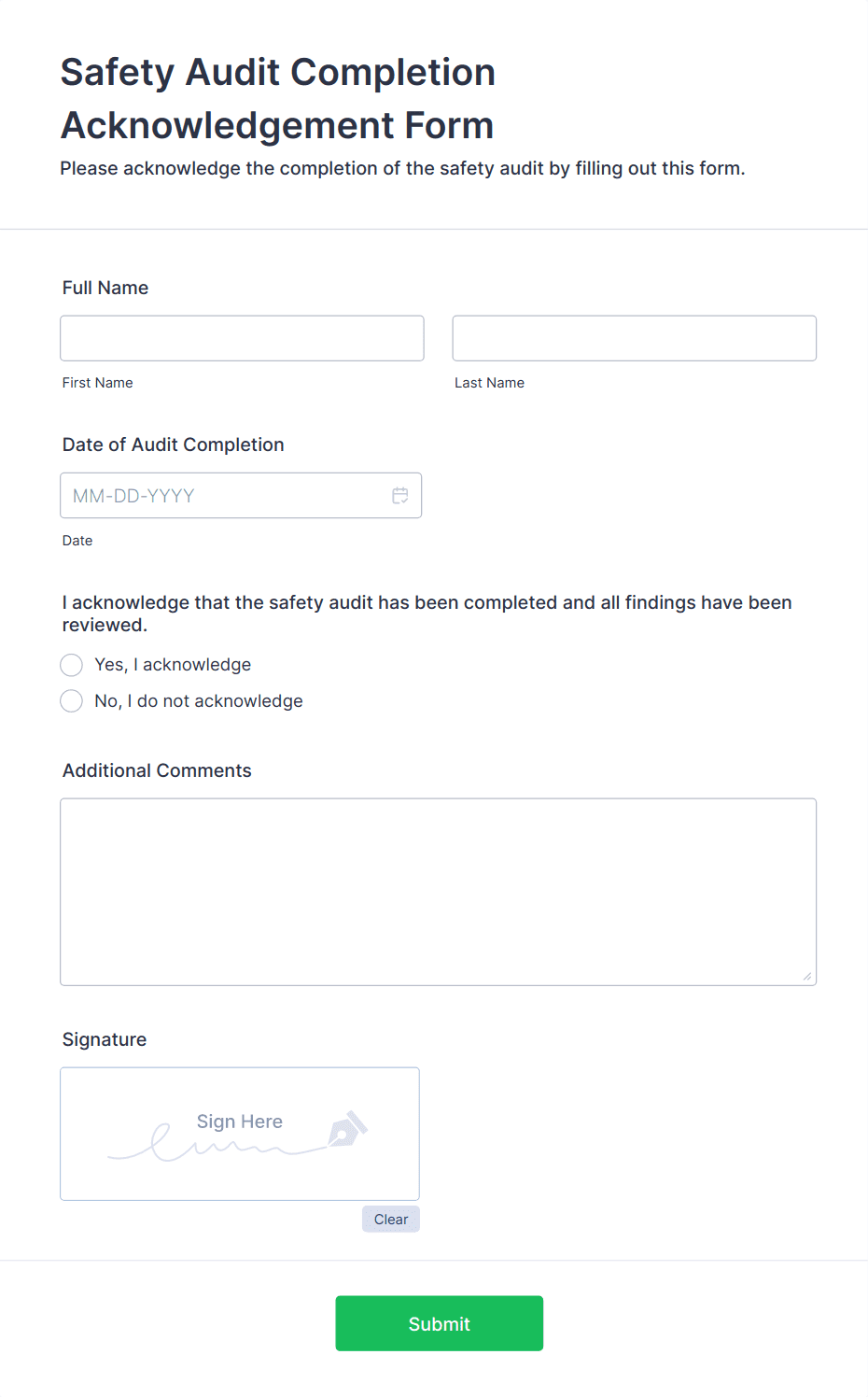 Safety Audit Completion Acknowledgement Form Template | Jotform