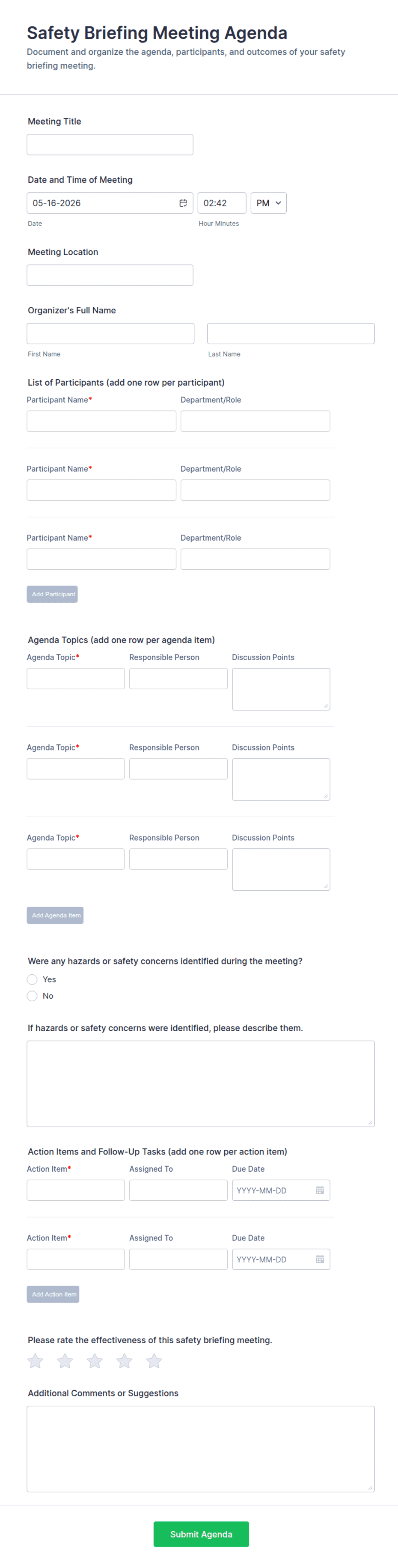 Safety Briefing Meeting Agenda Form Template | Jotform