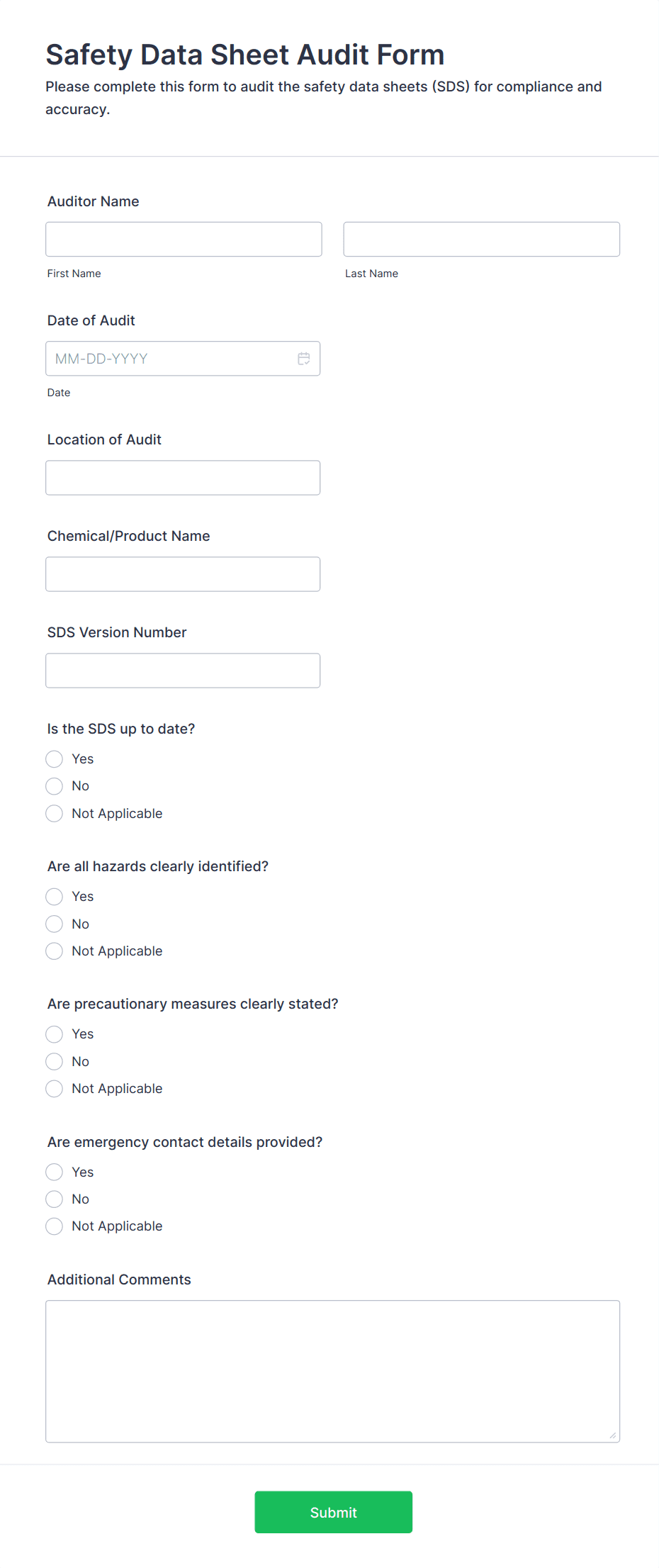 Safety Data Sheet Audit Form Template | Jotform