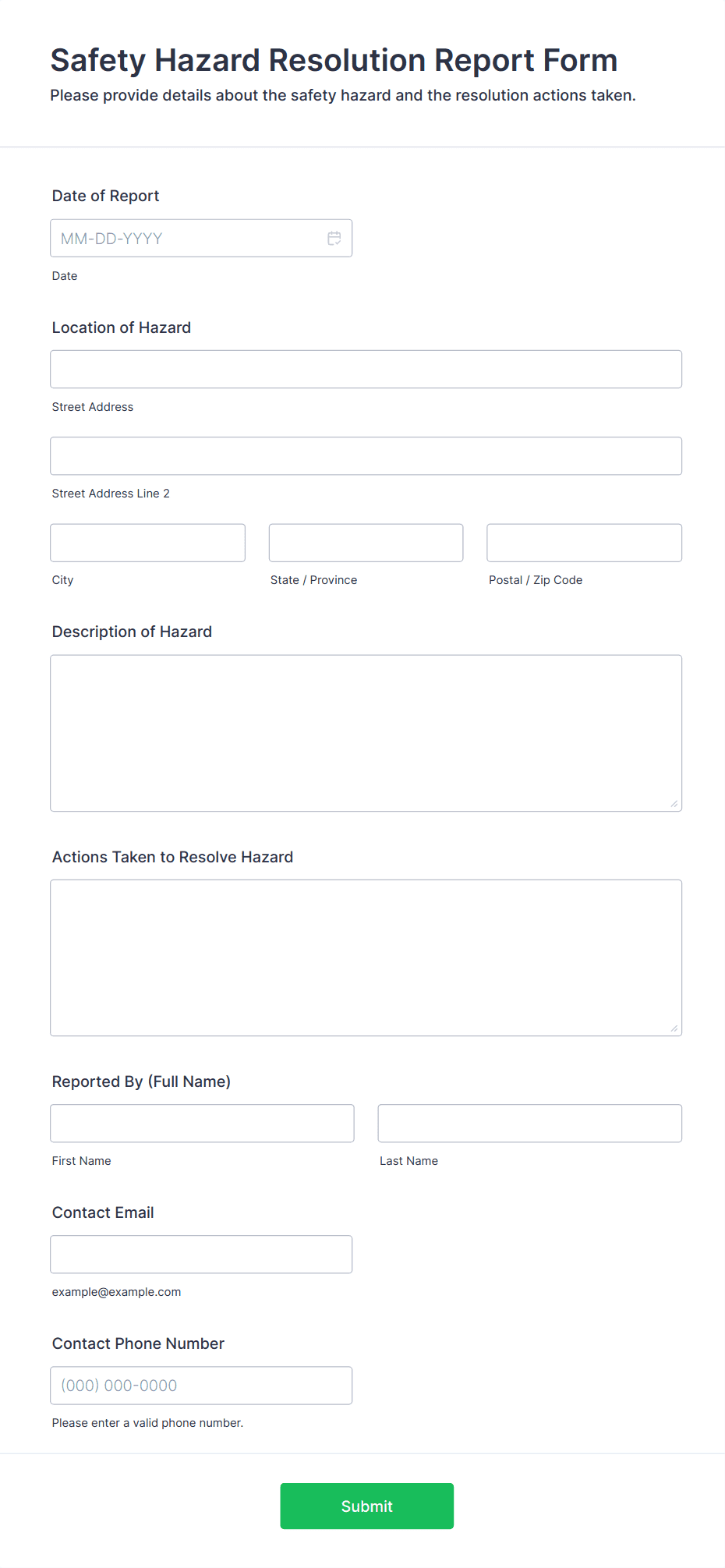 Safety Hazard Resolution Report Form Template | Jotform