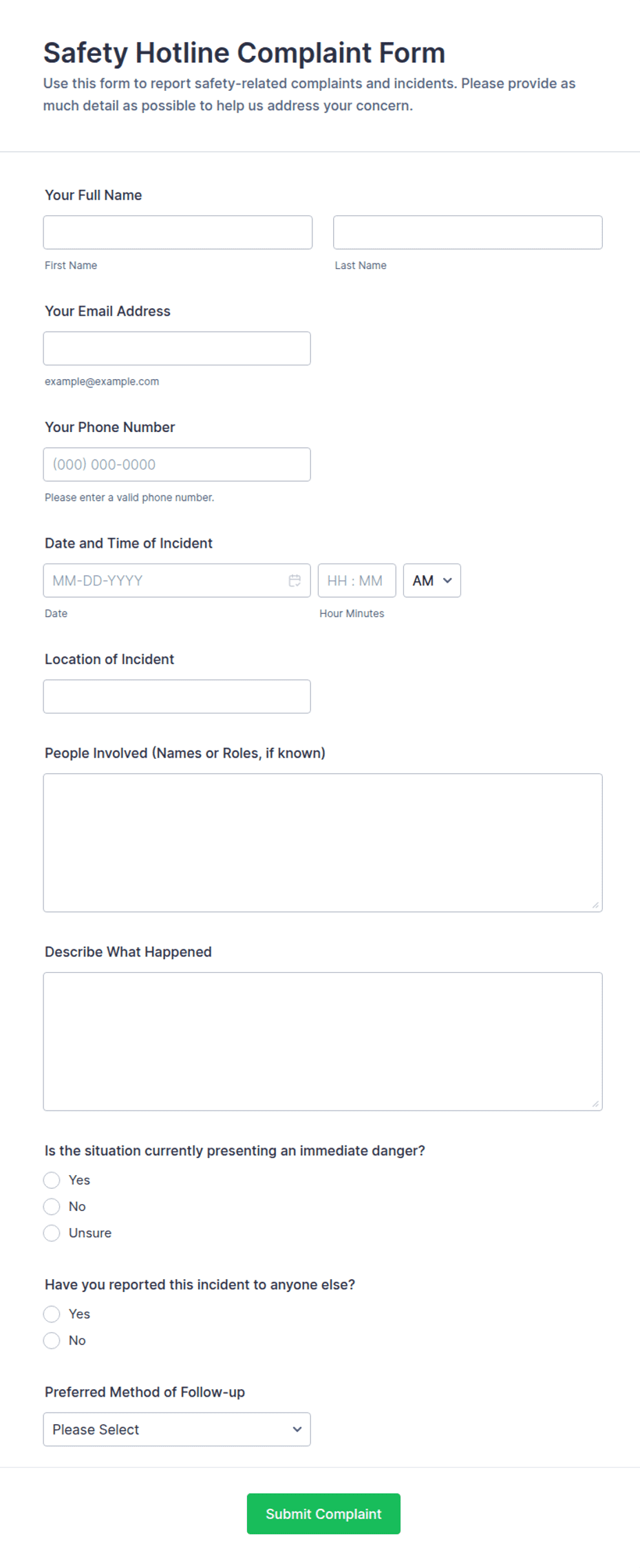 Safety Hotline Complaint Form Template | Jotform