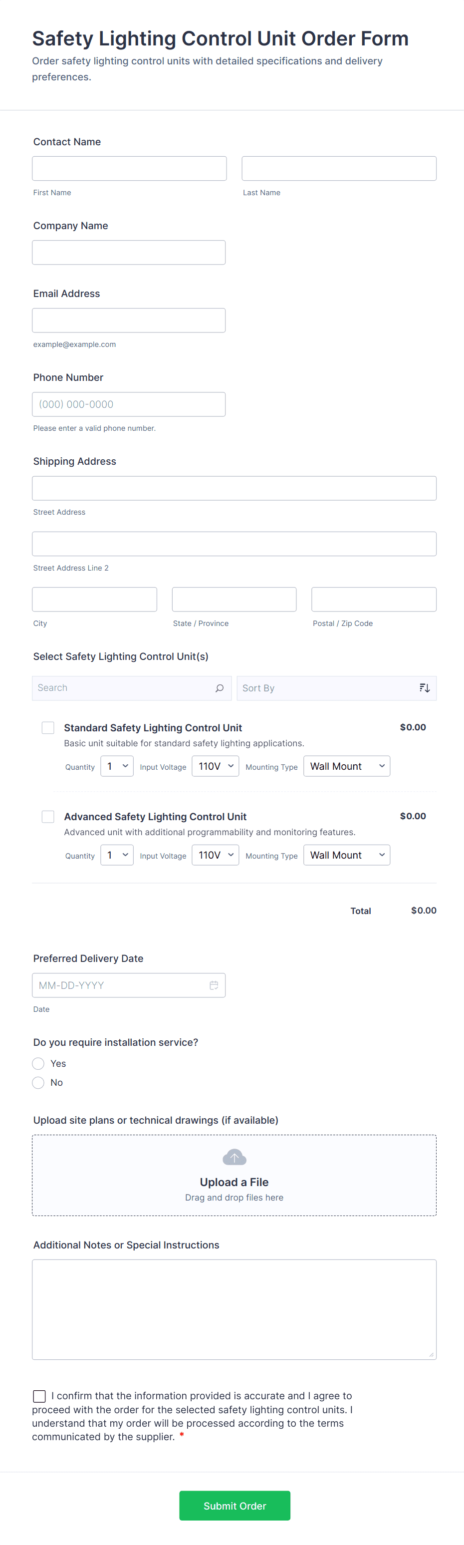 Safety Lighting Control Unit Order Form Template | Jotform