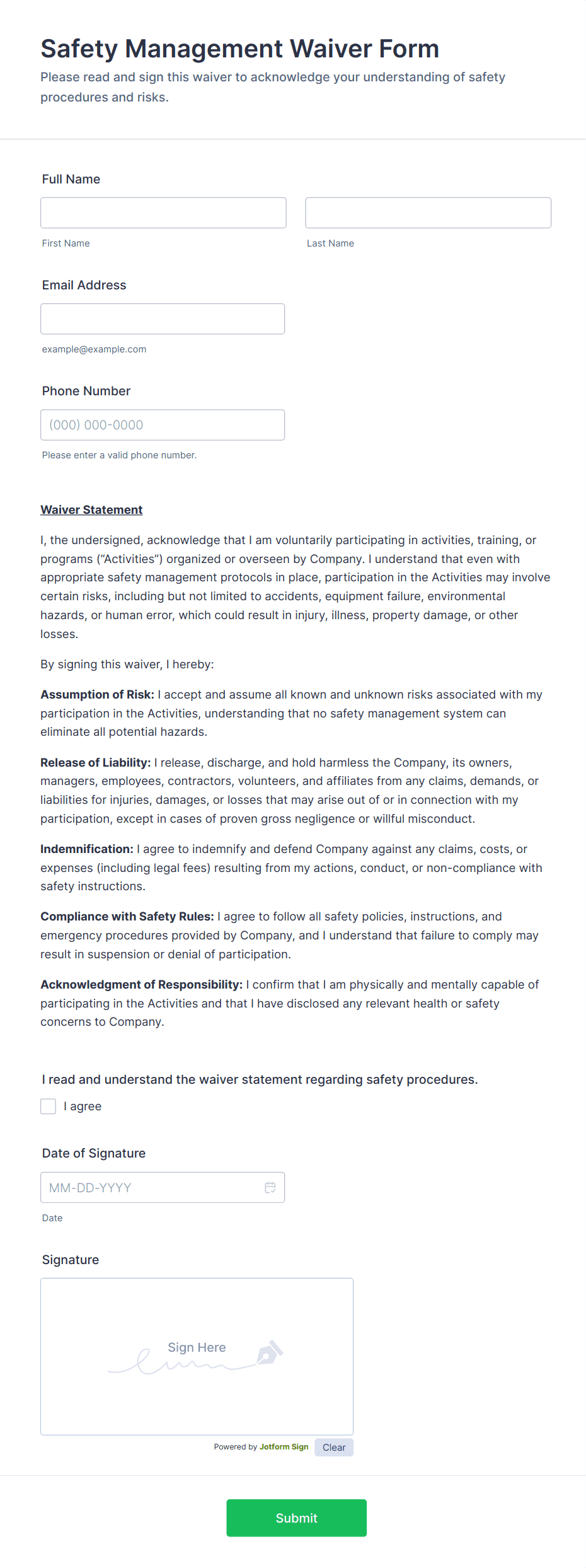 Safety Management Waiver Form Template | Jotform