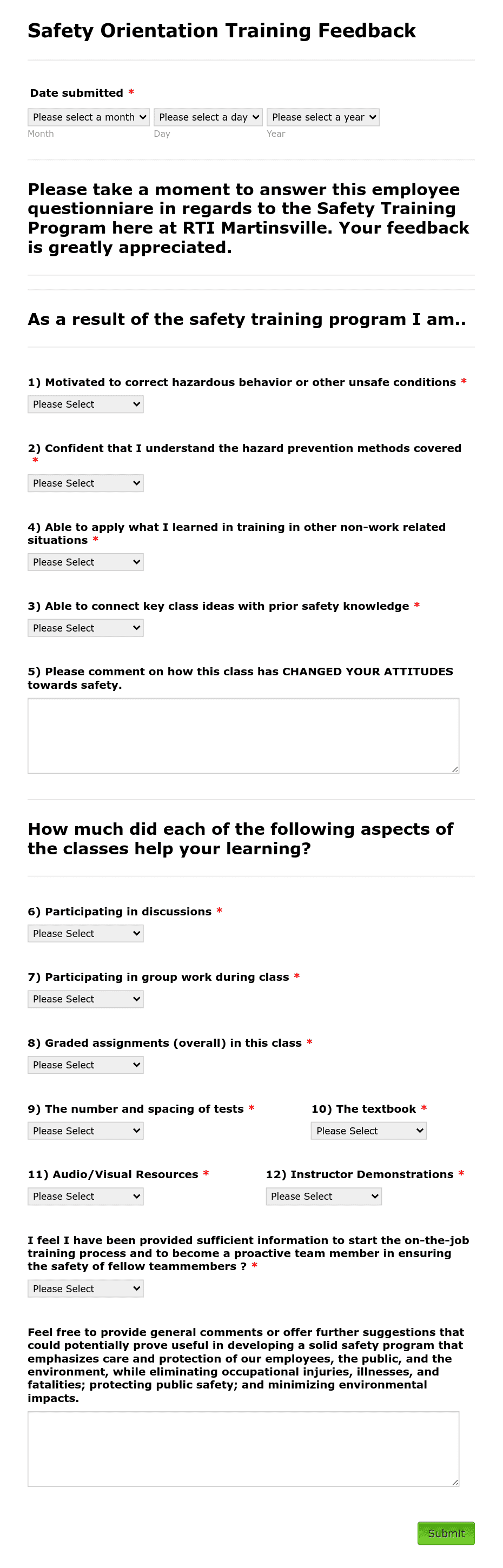 Safety Orientation Training Feedback Form Template | Jotform