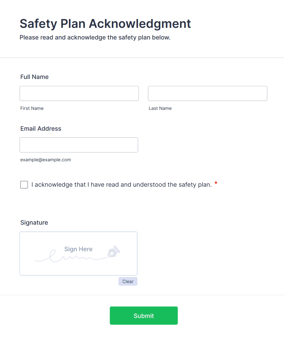 Safety Plan Acknowledgment Form Template | Jotform