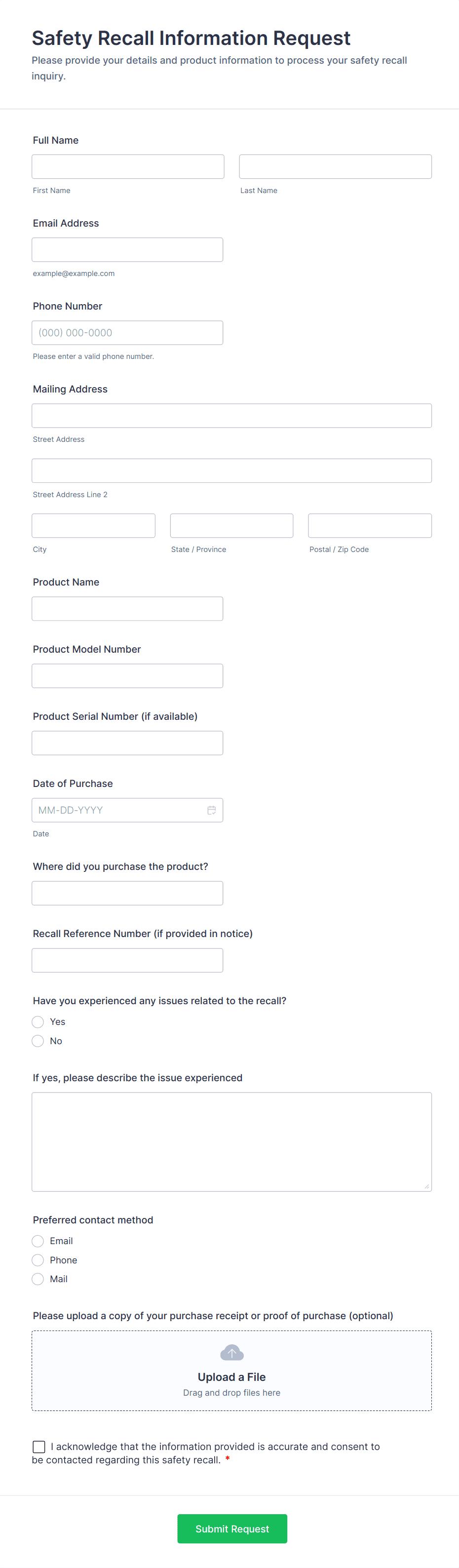 Safety Recall Information Request Form Template | Jotform