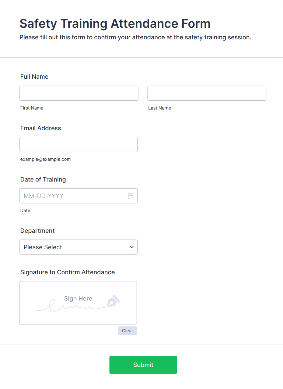 Safety Training Attendance Form Template | Jotform