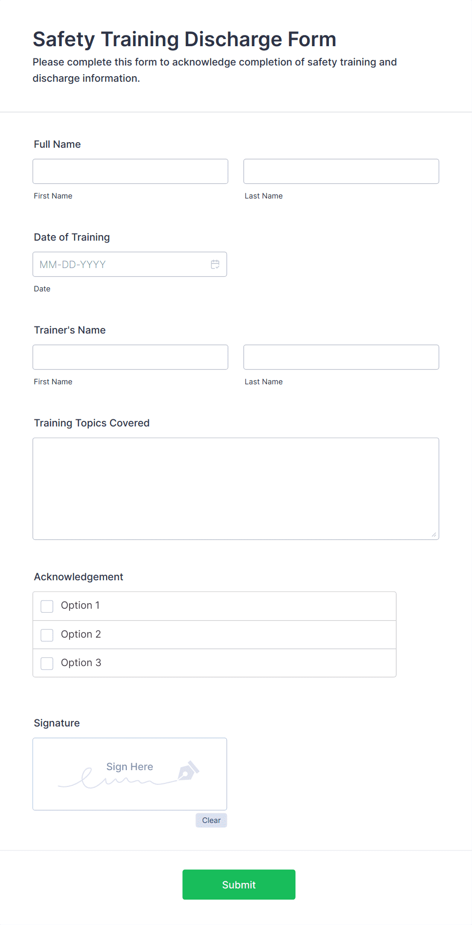 Safety Training Discharge Form Template | Jotform