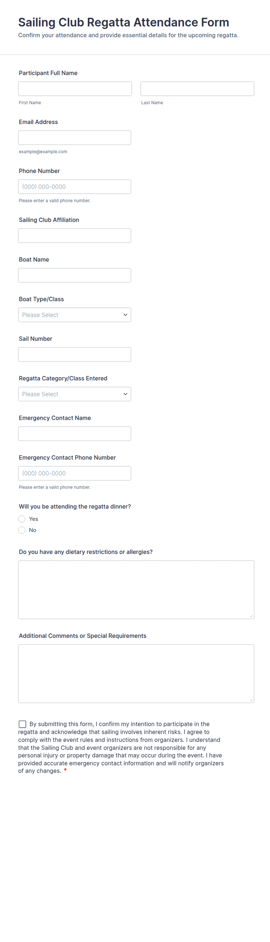 Sailing Club Regatta Attendance Form Template | Jotform