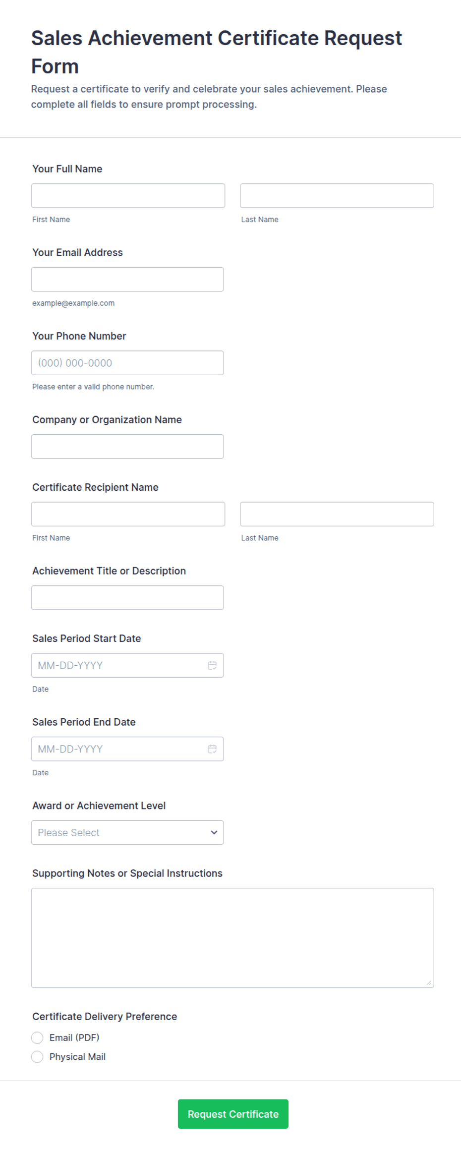 Sales Achievement Certificate Request Form Template | Jotform