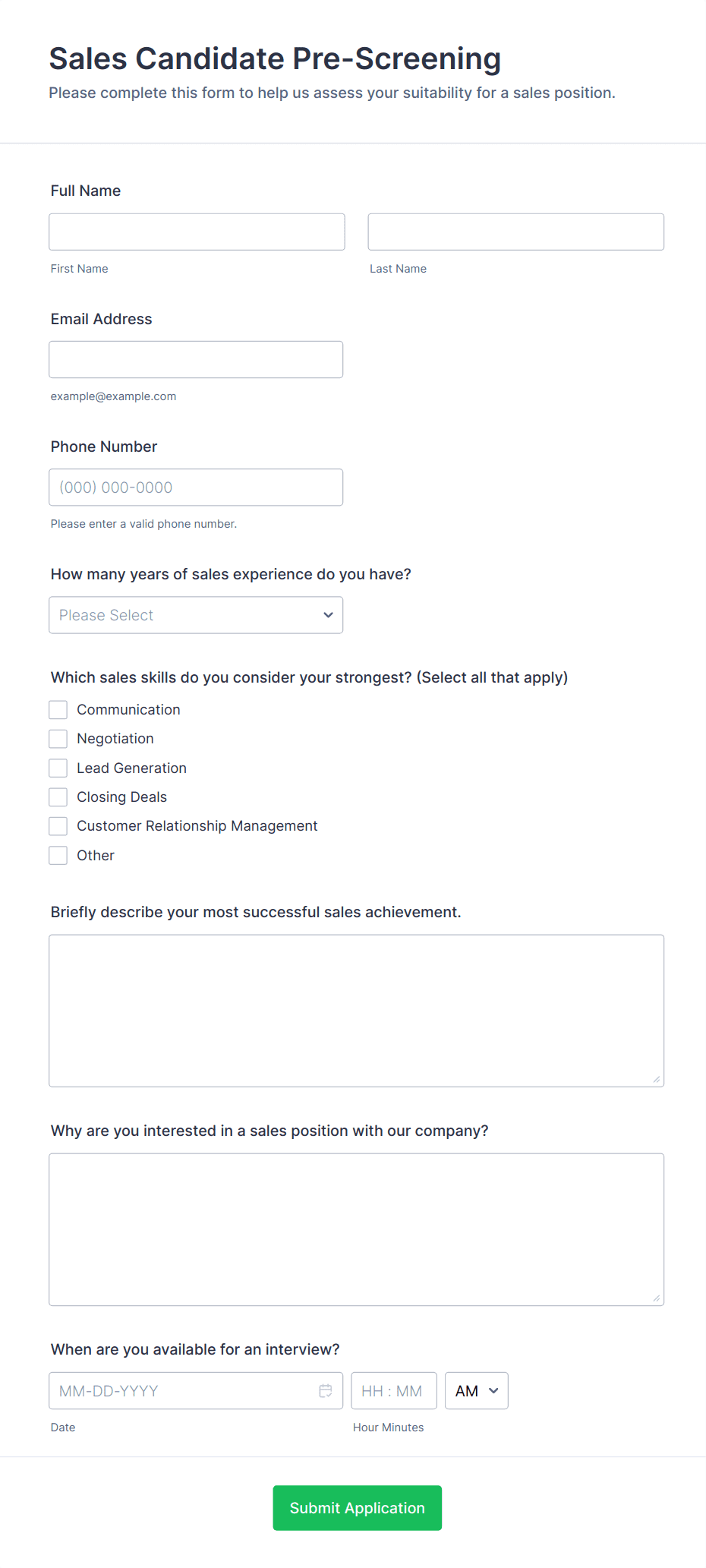 Sales Candidate Pre-Screening Form Template | Jotform