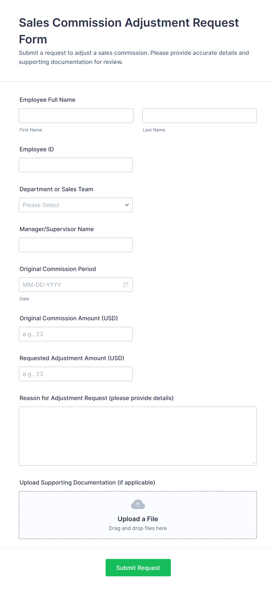 Sales Commission Adjustment Request Form Template | Jotform