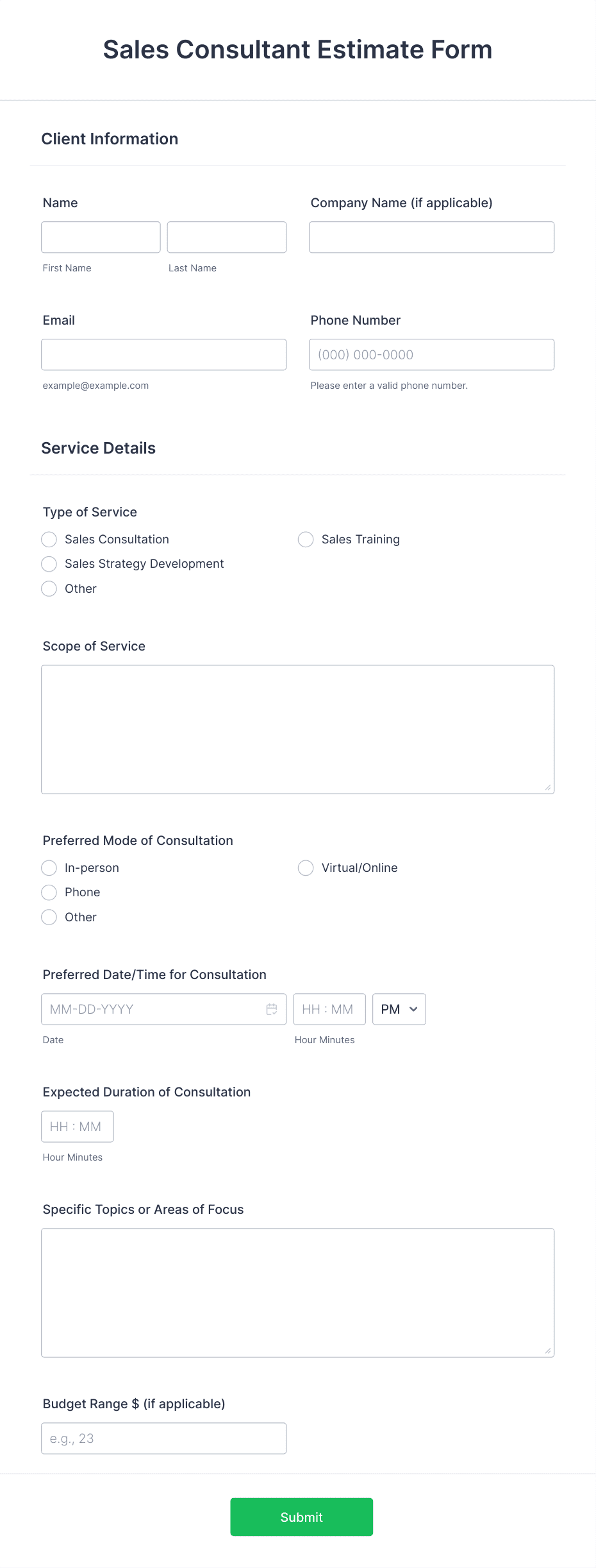 Sales Consultant Estimate Form Template | Jotform