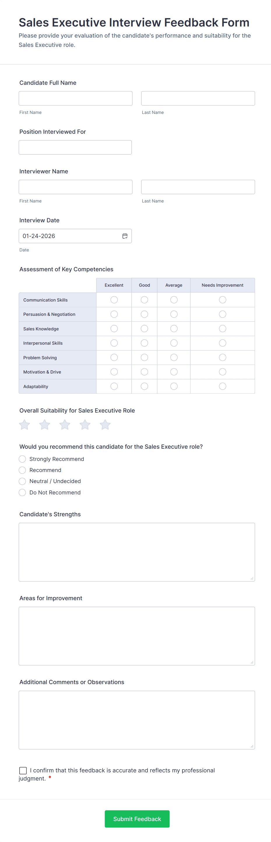 Sales Executive Interview Feedback Form Form Template | Jotform