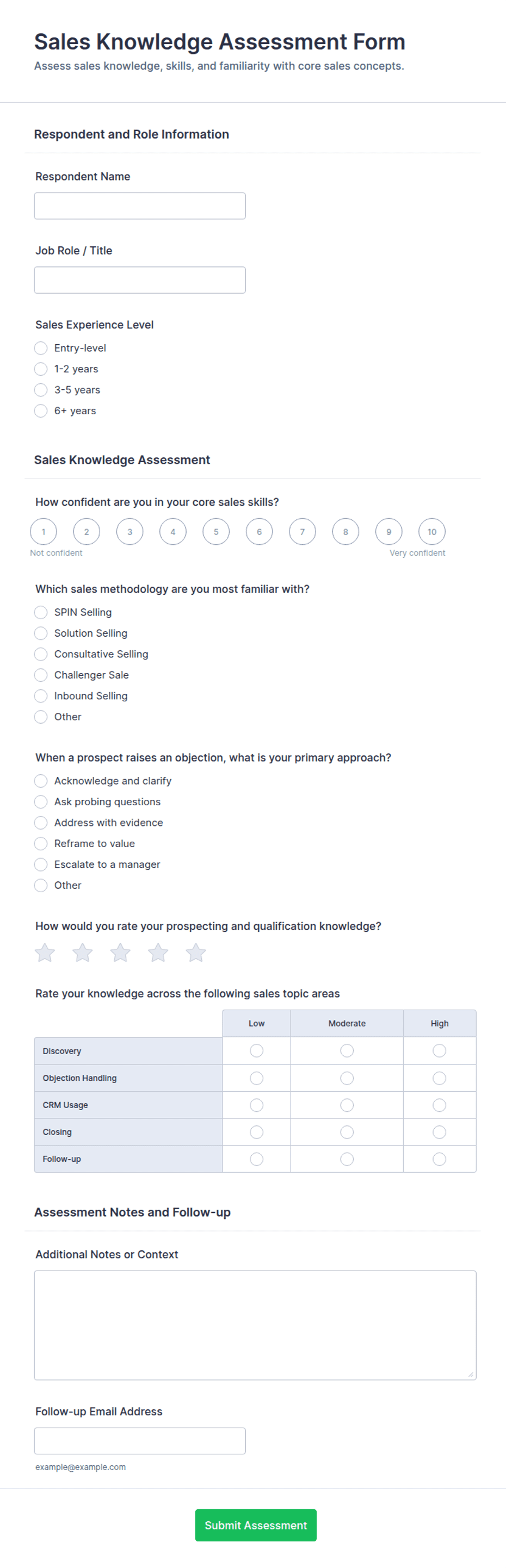 Sales Knowledge Assessment Form Template | Jotform