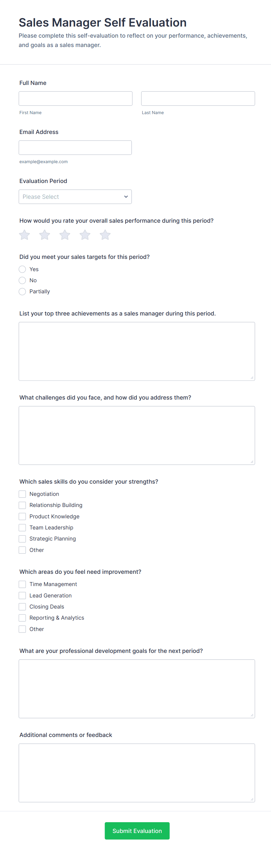 Sales Manager Self Evaluation Form Template | Jotform