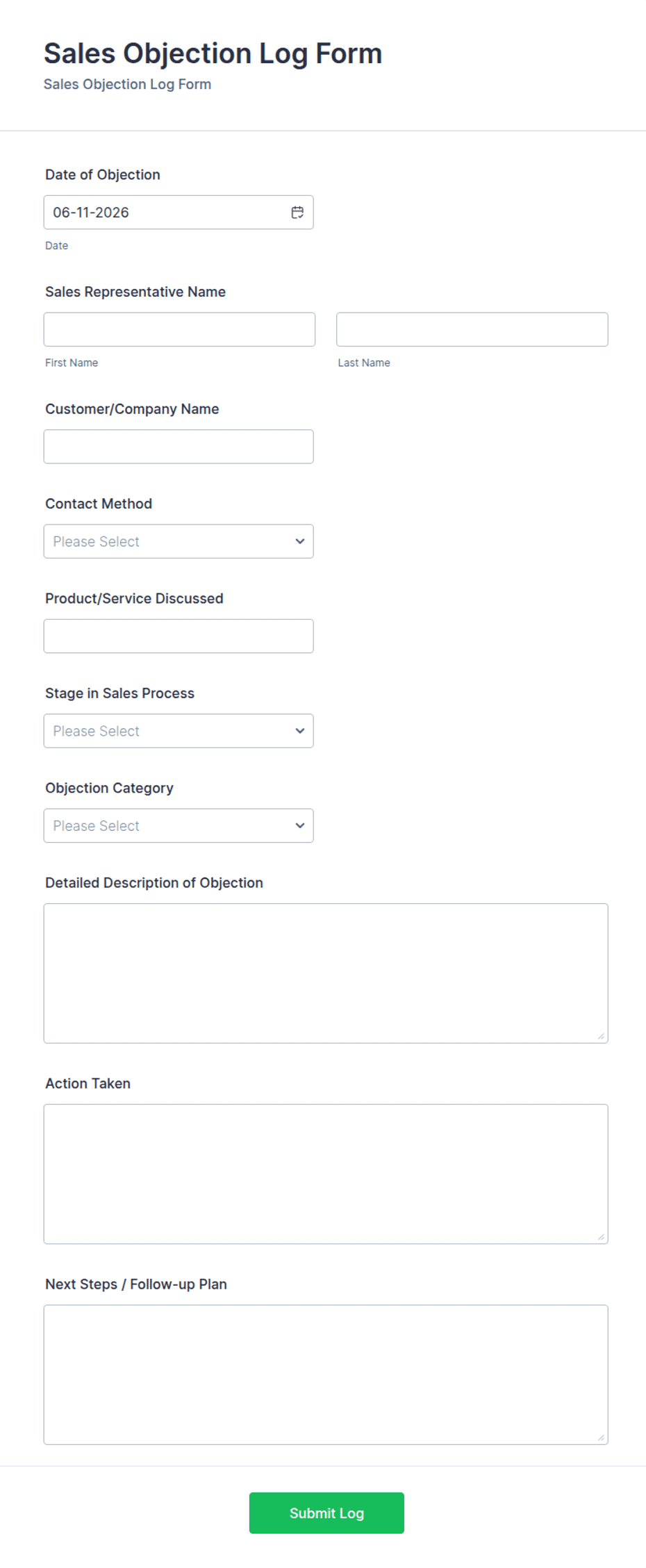 Sales Objection Log Form Template | Jotform